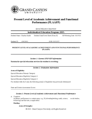 ECS 220 T4 RS Sample Plaafp - Present Level of Academic Achievement and ...