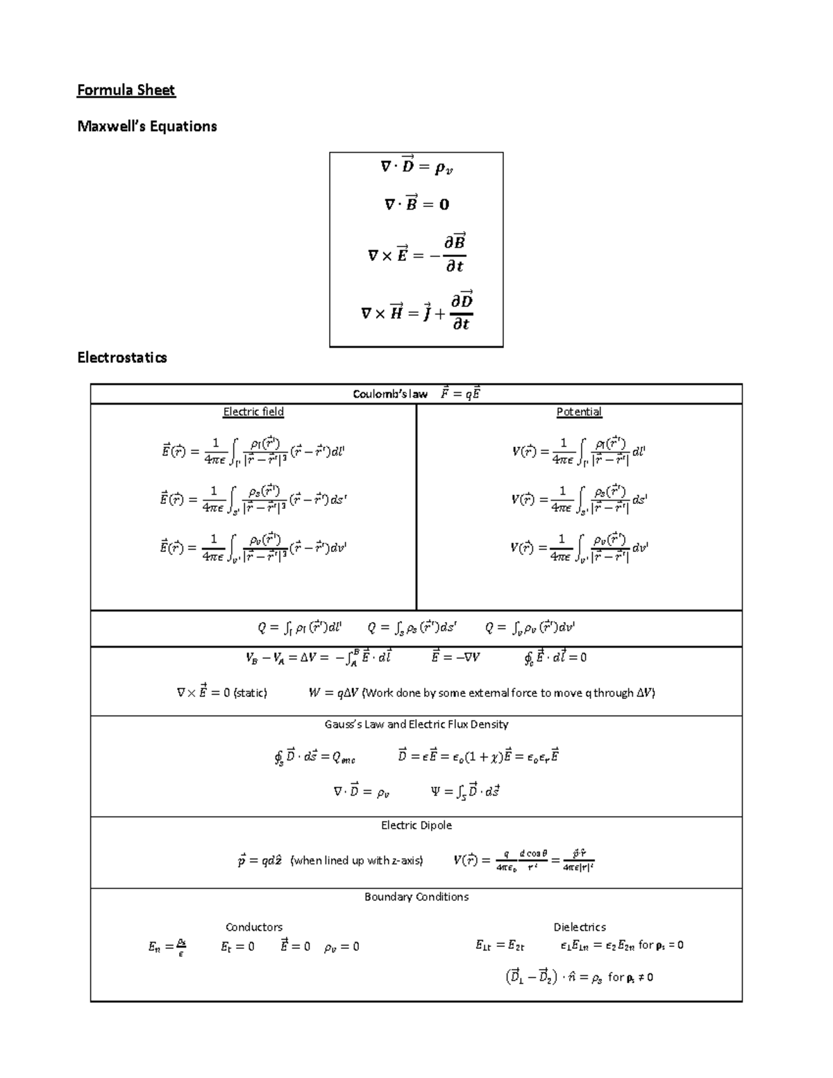Formula Sheet 213 123 - Formula Sheet Maxwell’s Equations 𝛁 ∙ 𝑫 ⃗⃗ = 𝝆 ...