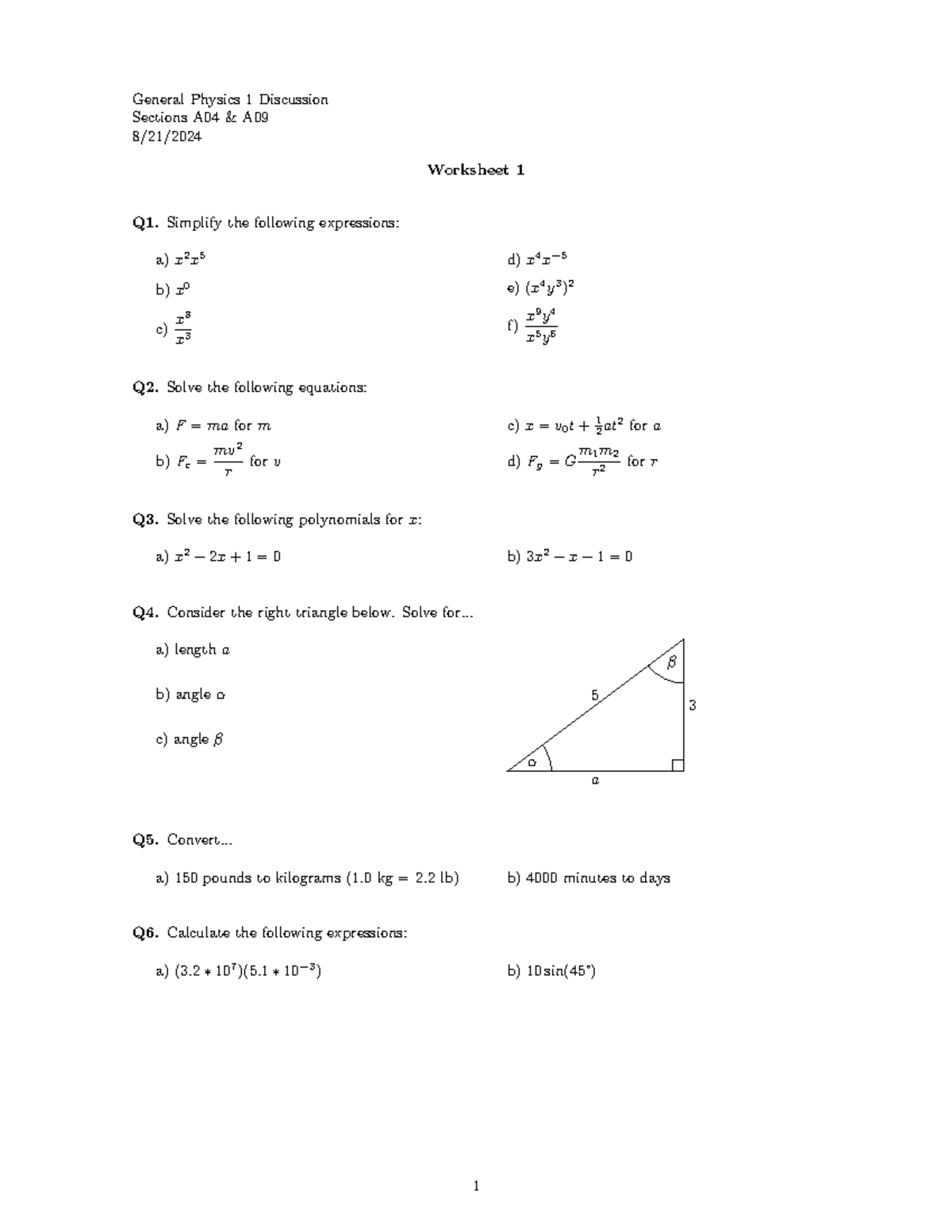 Worksheet 1 cm5 - TA instructed sheet - General Physics 1 Discussion ...