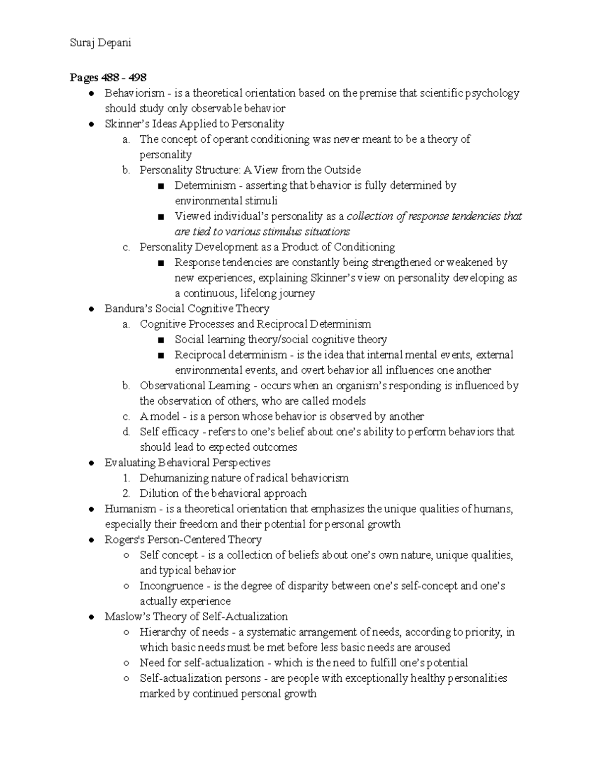 Psych Notes 488-498 - Suraj Depani Pages 488 - 498 Behaviorism - is a ...