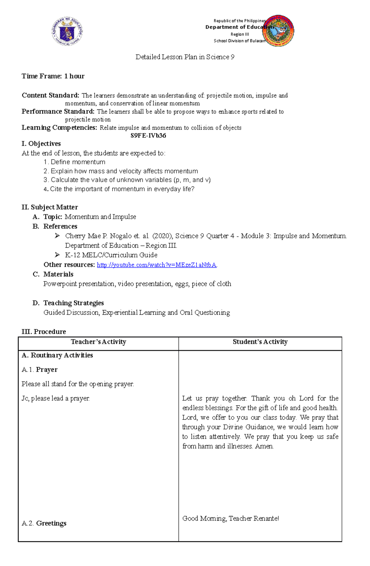 Detailed Lesson Plan Momentum - Junior High - Department of Education ...