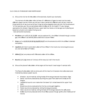 EL 211 - Morphology and Phonology Exercise 2 - EL211 ENGLISH PHONOLOGY ...