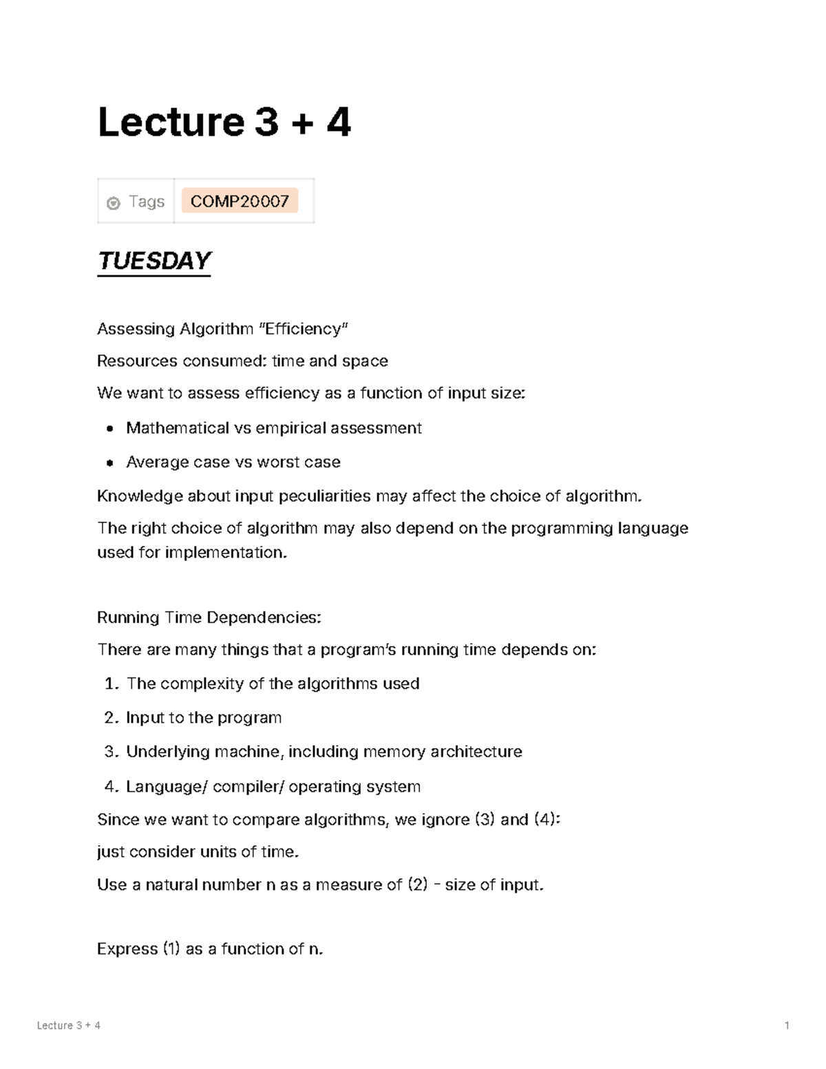 Lecture 3 and Lecture 4 - Lecture 3 + 4 Tags COMP TUESDAY Assessing Algorithm “Efficiencyˮ ...