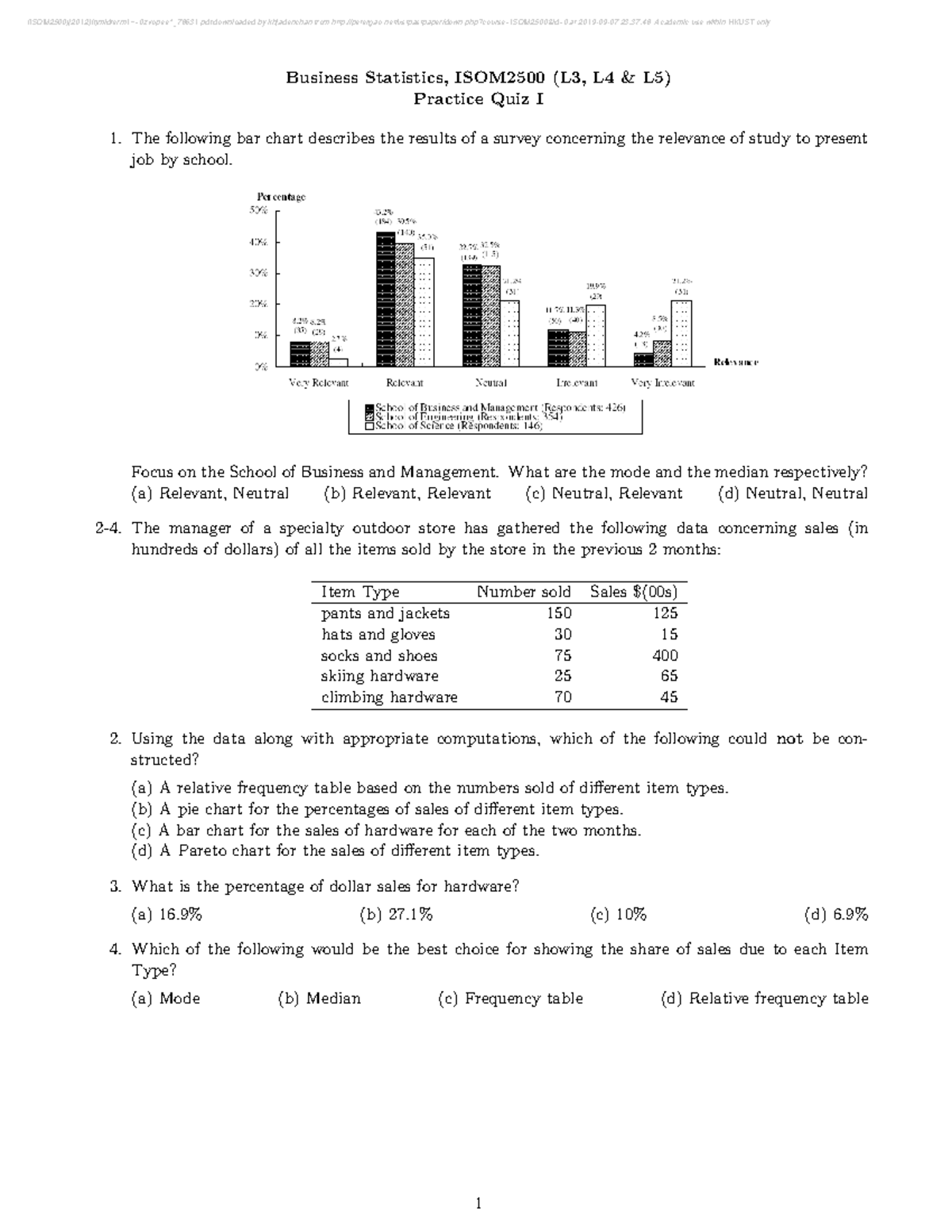 Midterm 2012, questions - Business Statistics, ISOM2500 (L3, L4 & L5 ...