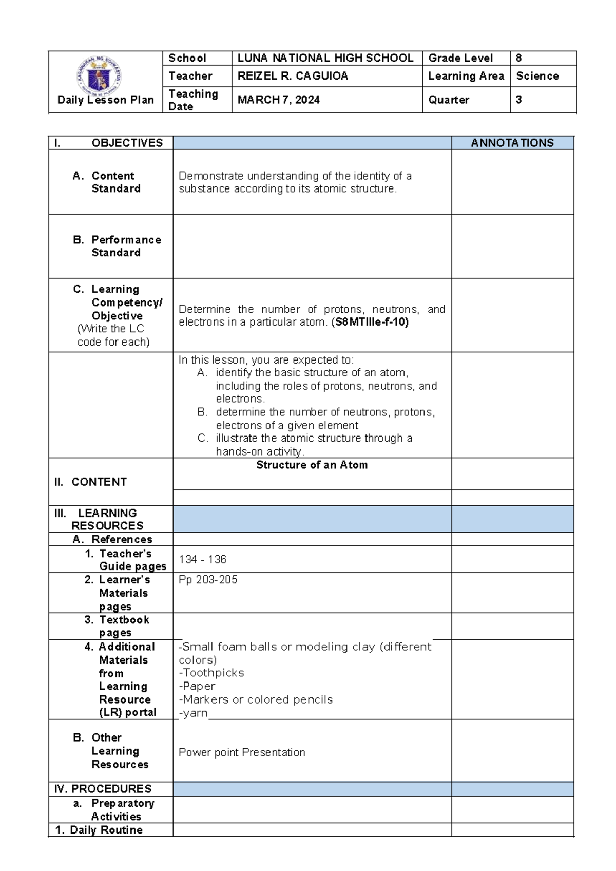 DLP COT3-Q3 - Lesson Plan - Daily Lesson Plan School LUNA NATIONAL HIGH SCHOOL Grade Level 8 ...