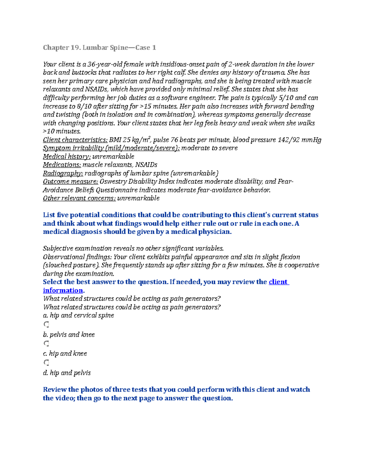 Chapter 19 - case study low back pain - Chapter 19. Lumbar Spine—Case 1 ...