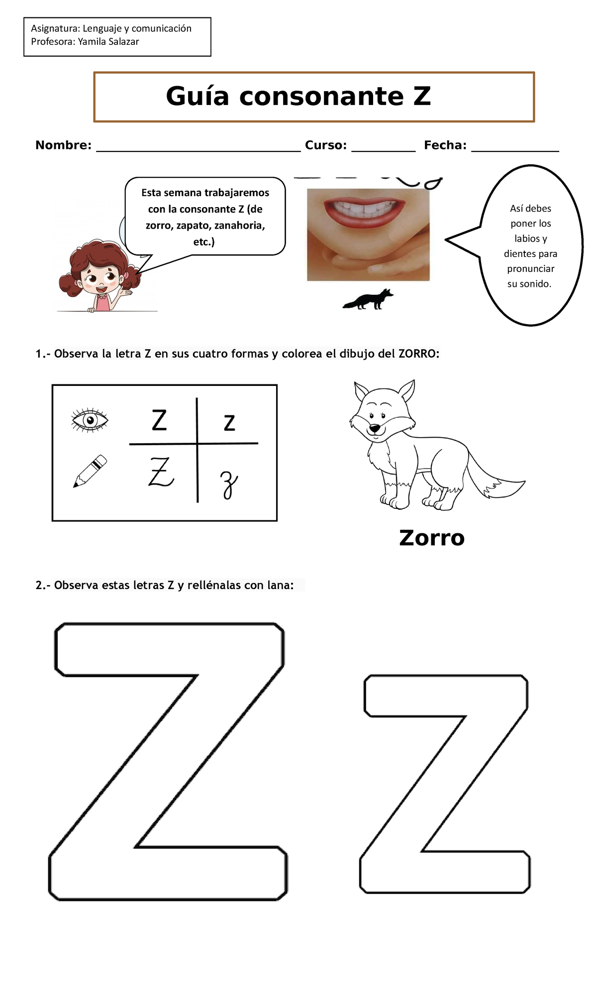 Guía consonante Z - lectura - Guía consonante Z Nombre