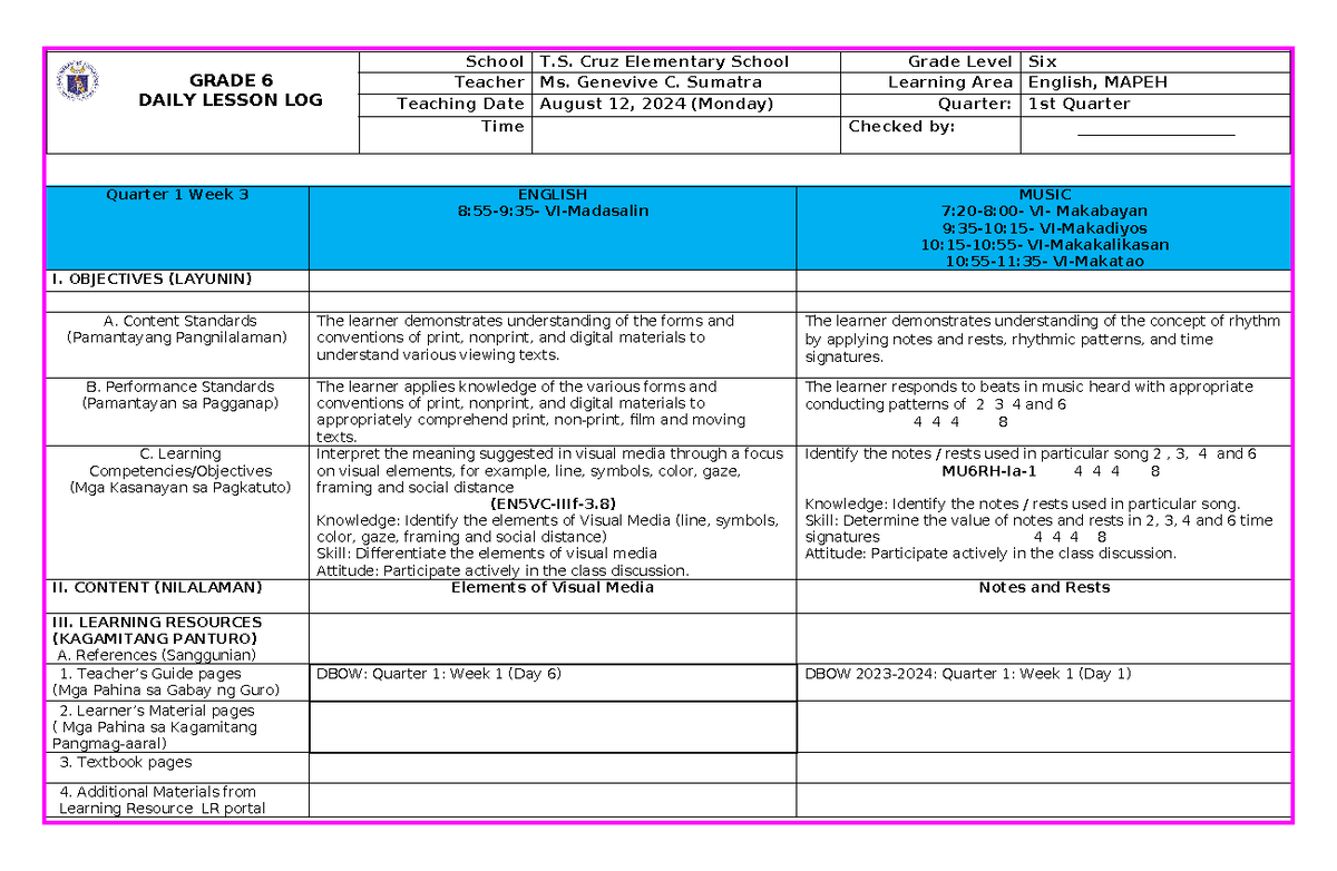 DLL Quarter 1- WEEK 2 - DLL in English and MAPEH 6 - GRADE 6 DAILY ...