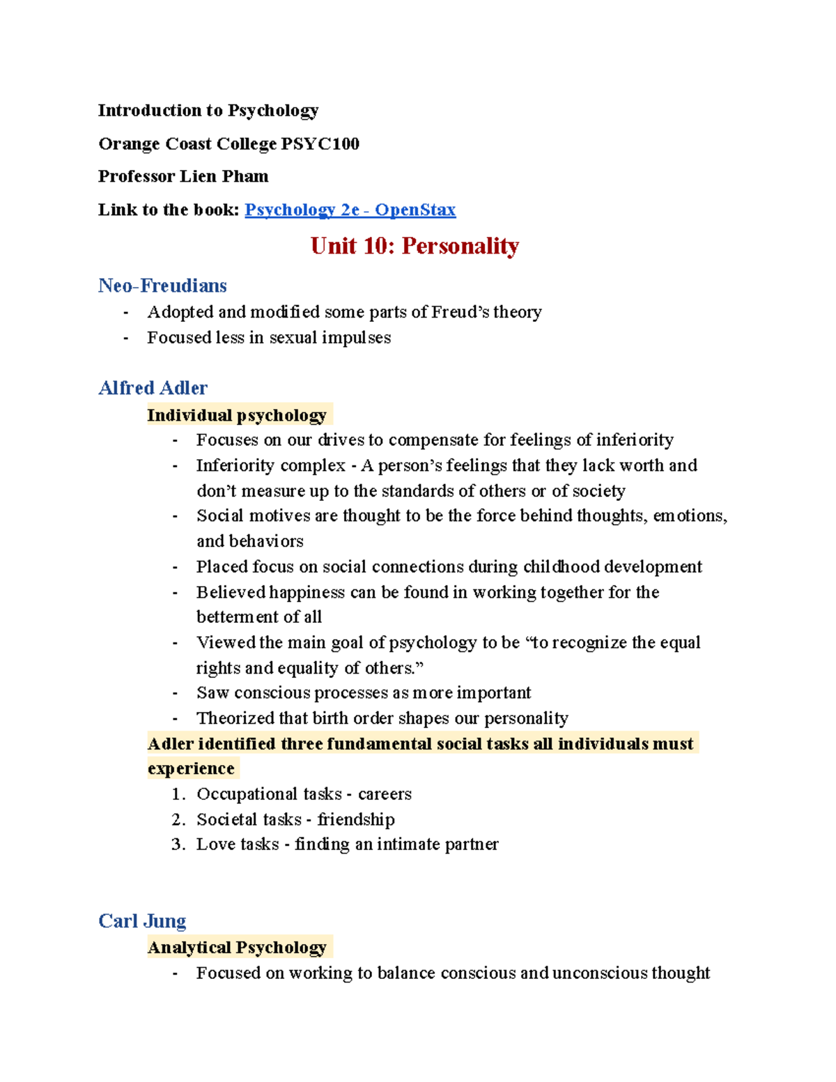 Unit 10 Personality - Introduction to Psychology Orange Coast College ...