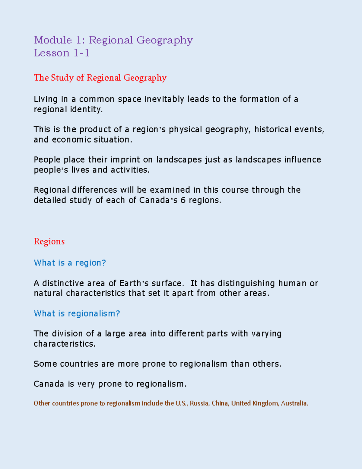 Lesson 1 - Regional Geography Lecture notes - Module 1: Regional ...