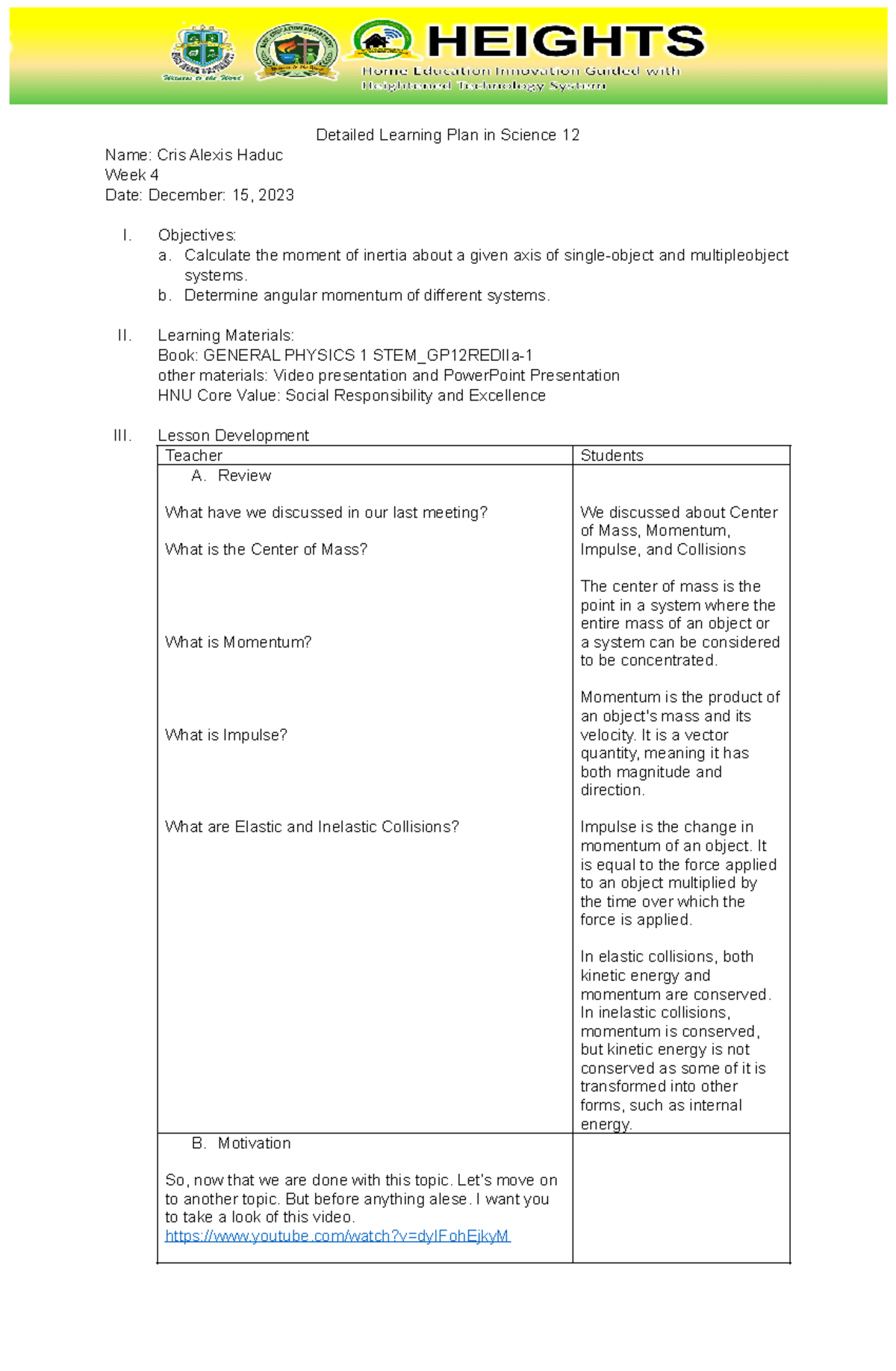 Detailed Learning Plan in Science 12 - Objectives: a. Calculate the ...