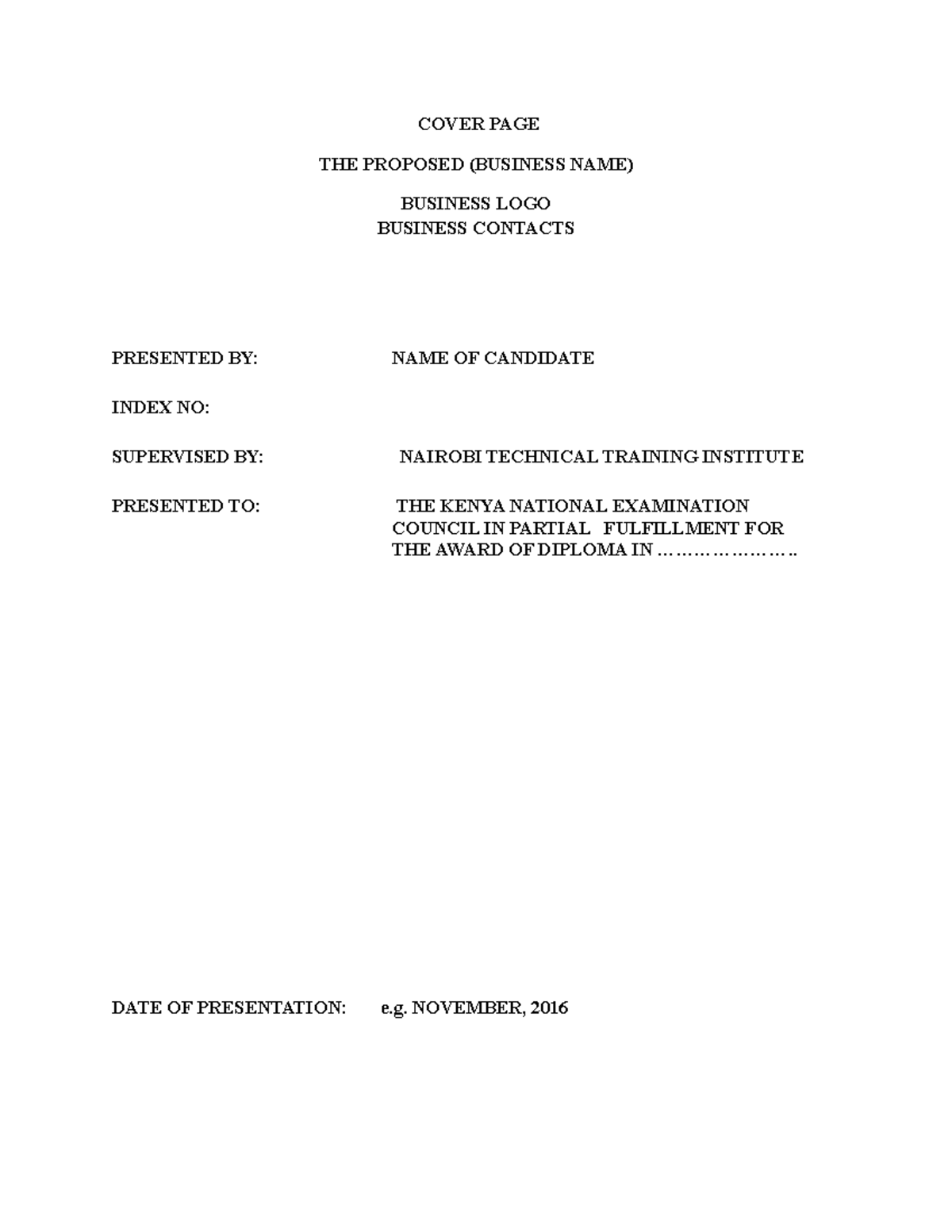 2017 Business PLAN Template- Diploma - COVER PAGE THE PROPOSED ...