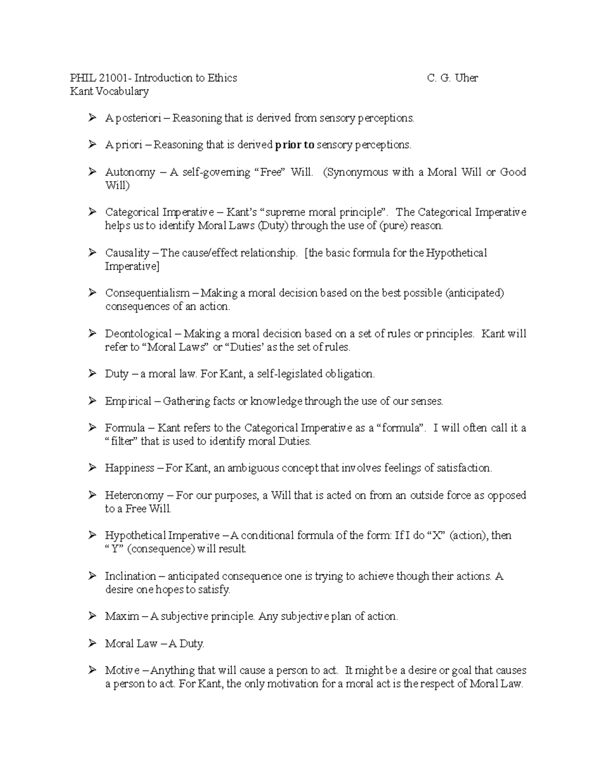 Kant Vocabulary - PHIL 21001- Introduction to Ethics C. G. Uher Kant ...