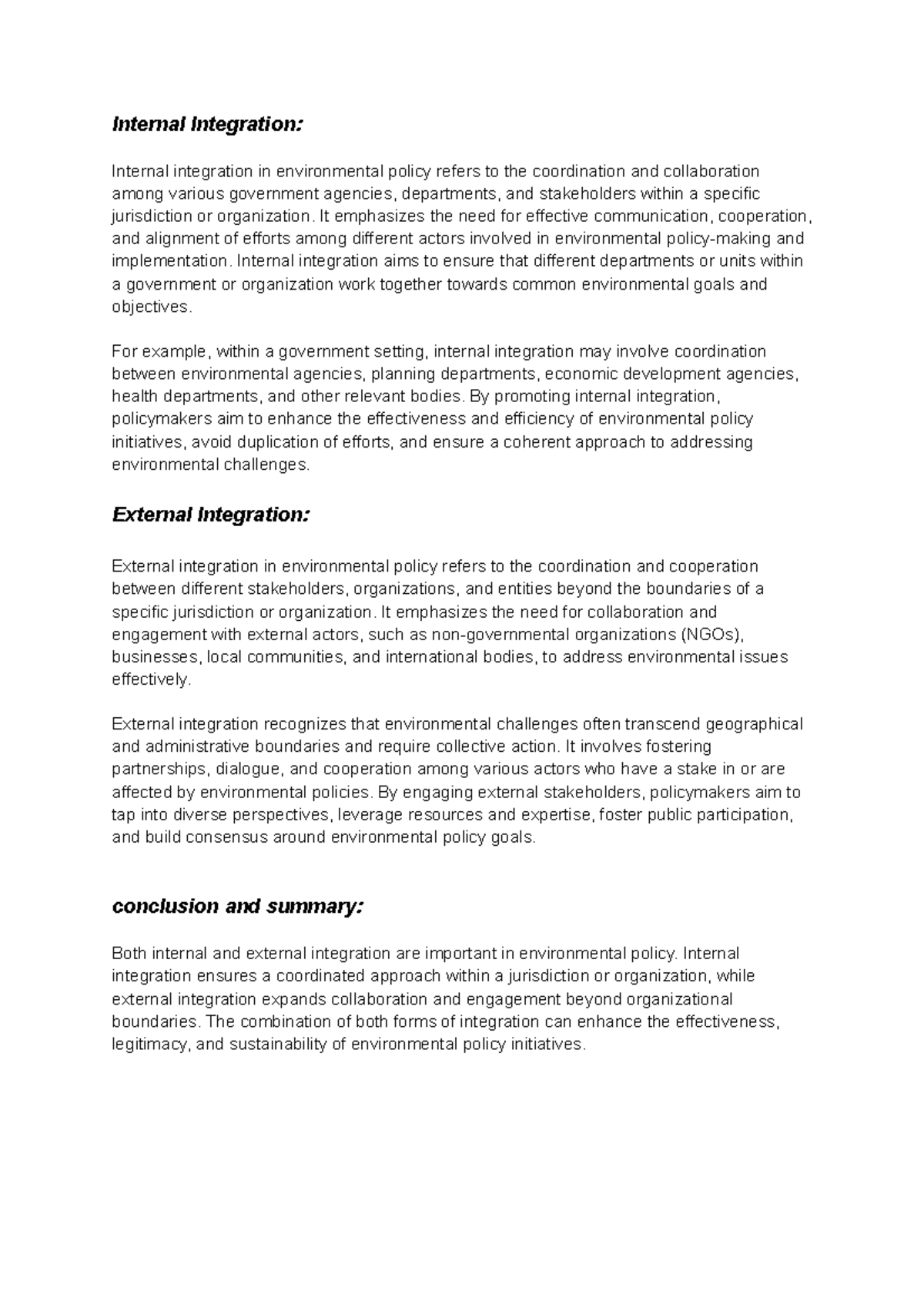 Internal Vs External Integration Internal Integration Internal