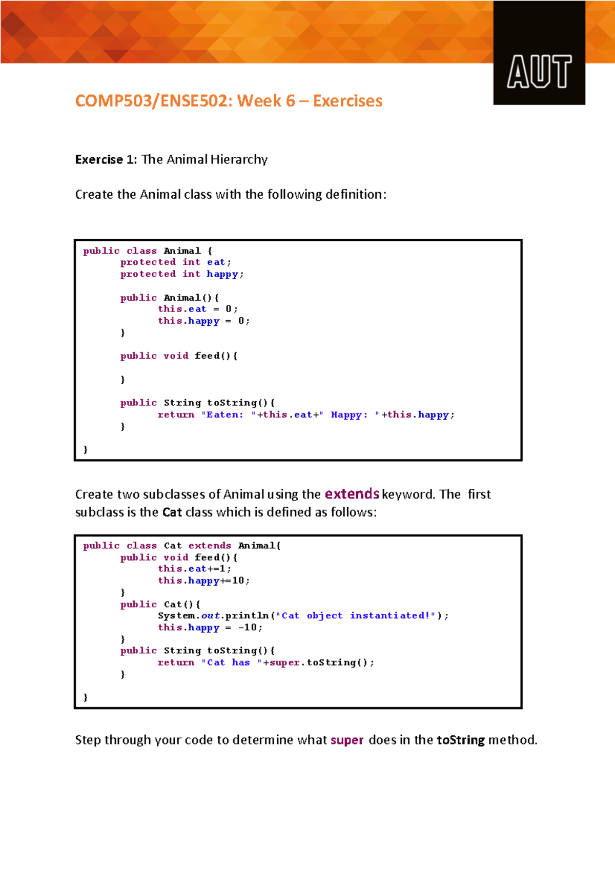 WK06 Exercises - n/a - Warning: TT: undefined function: 32 Exercise 1: The Animal Hierarchy ...