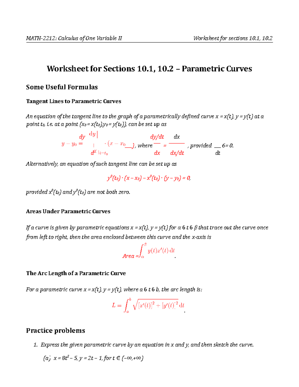 Recitation 10.1,10.2 - Parametric Curves - MATH-2212: Calculus of One ...