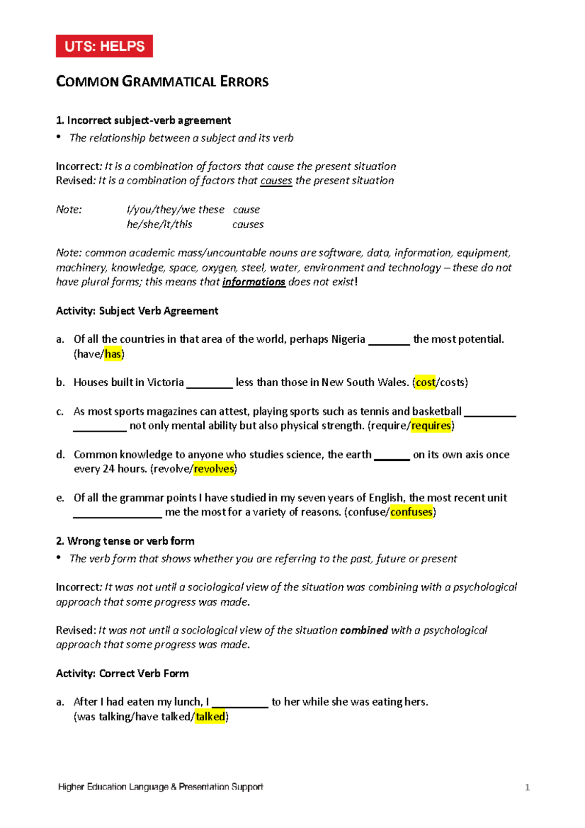 Helps grammar review 4 answers - COMMON GRAMMATICAL ERRORS 1. Incorrect ...