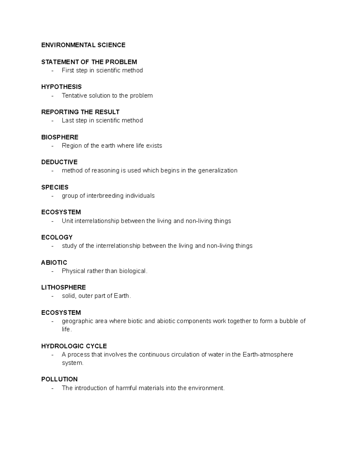 Envi science - ENVIRONMENTAL SCIENCE STATEMENT OF THE PROBLEM First ...