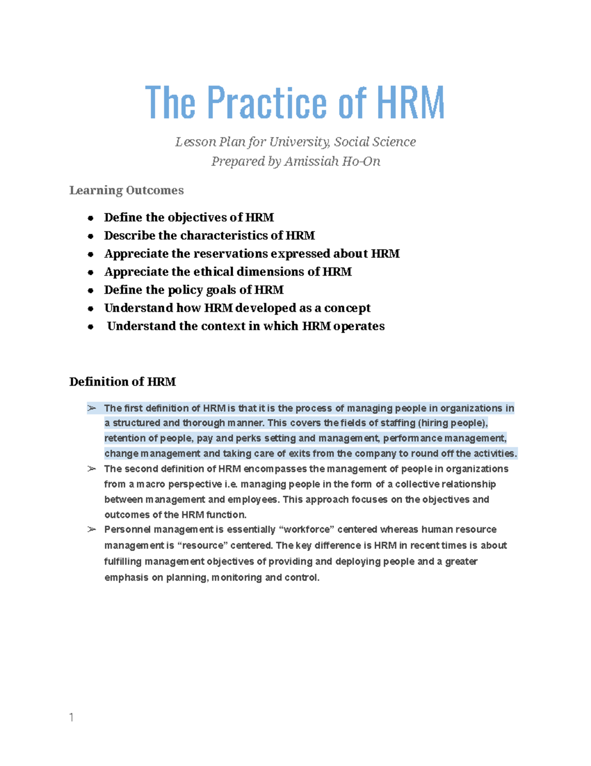Lesson plan ( containing topics to study and some minor info on HRM ...