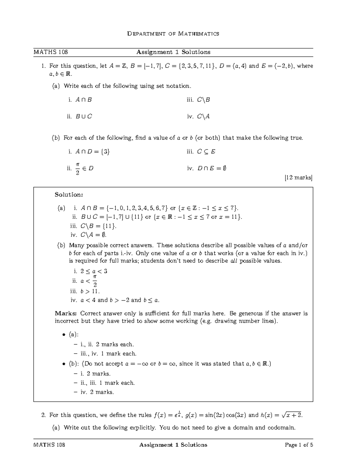 Solutions assignment 1 - Department of Mathematics MATHS 108 Assignment ...