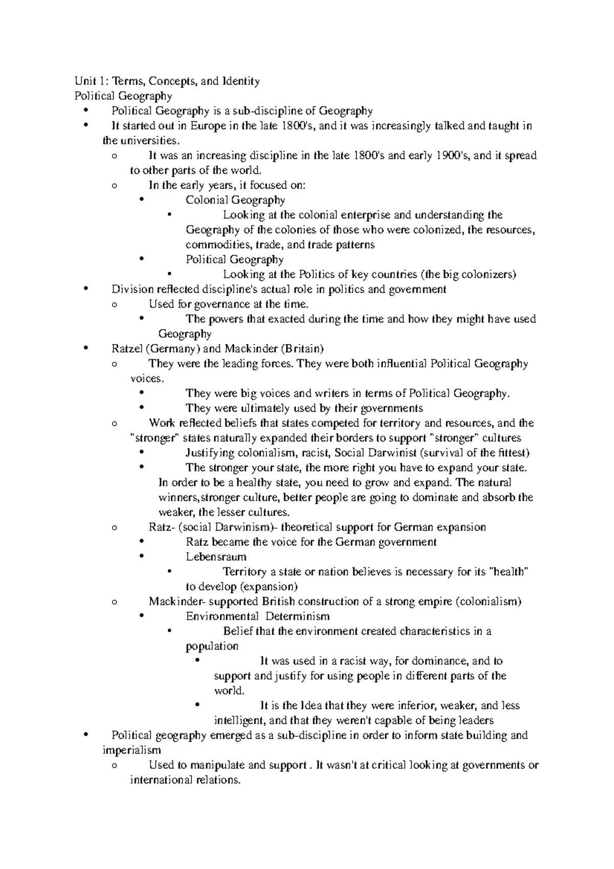 Political Geography - Lecture notes Entire Semester - Unit 1: Terms ...