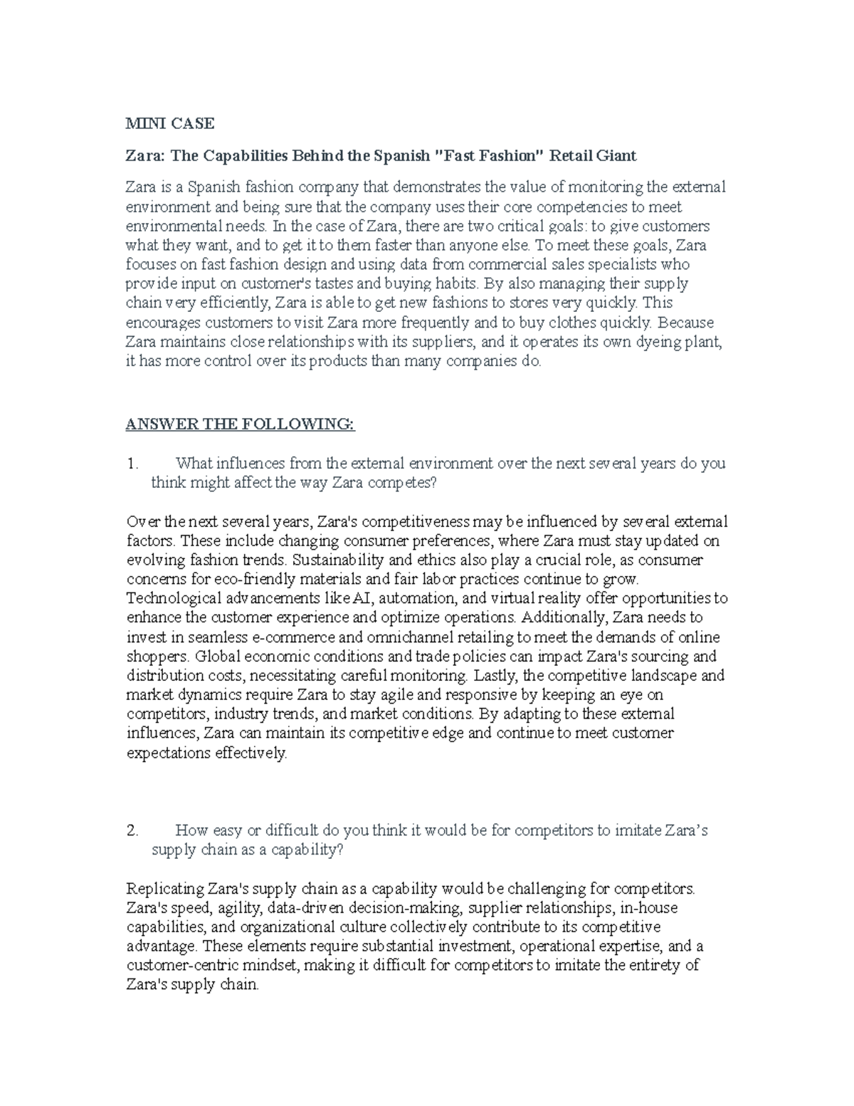 MINI CASE - Mini Case Study for Strategic Management - MINI CASE Zara ...