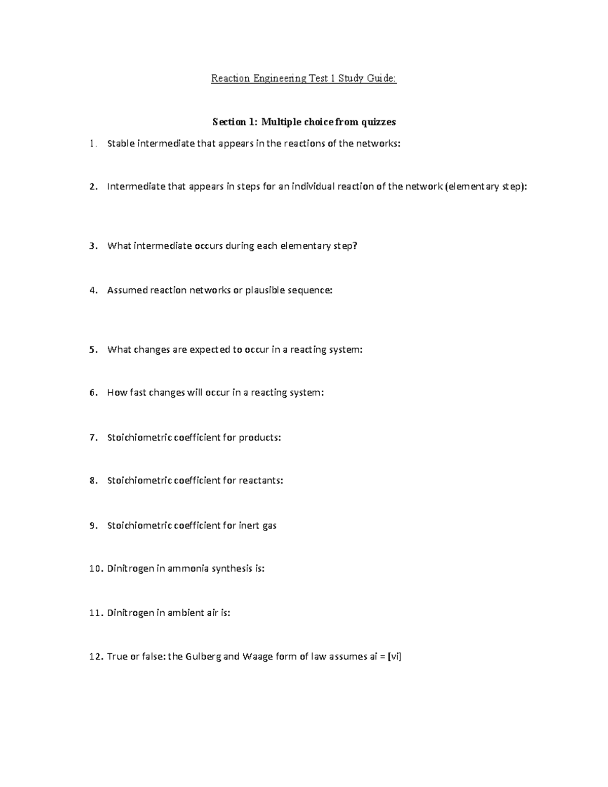 Reaction Engineering Practice Exam 1 - Reaction Engineering Test 1 ...