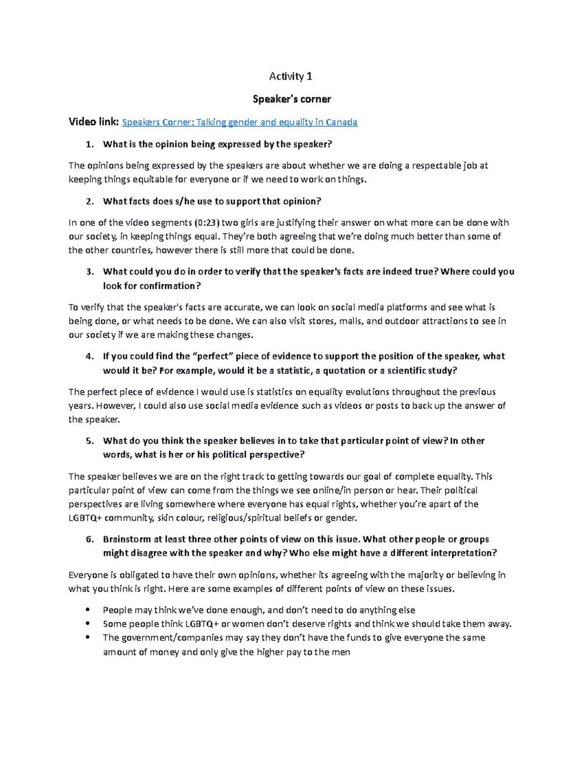 Civics - Unit 2, Activity 1 - Activity 1 Speaker's corner Video link ...