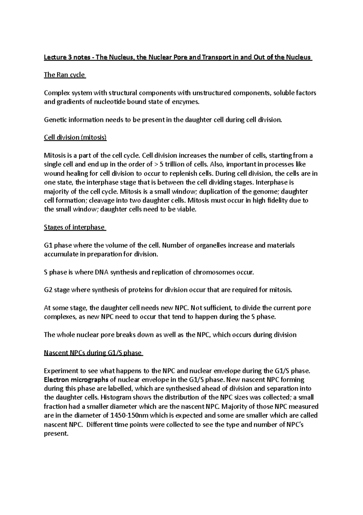 Lecture 3 notes -The Nucleus, the Nuclear Pore and Transport in and Out ...