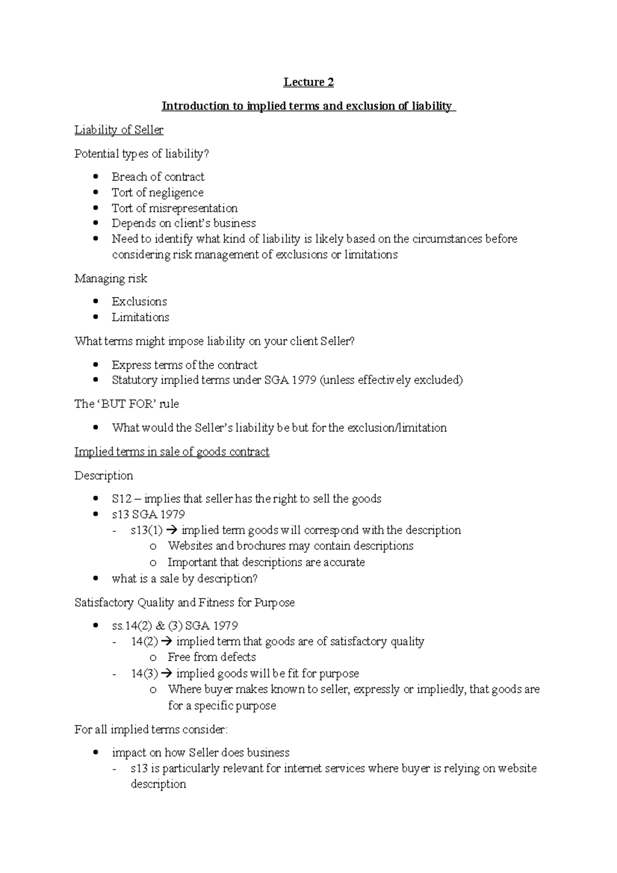 Lecture 2 - Introduction to implied terms and exclusion of liability ...