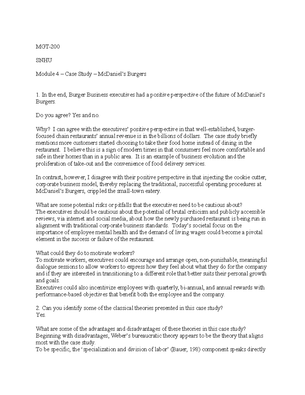McDaniels Burgers Case Study - MGT- SNHU Module 4 – Case Study ...