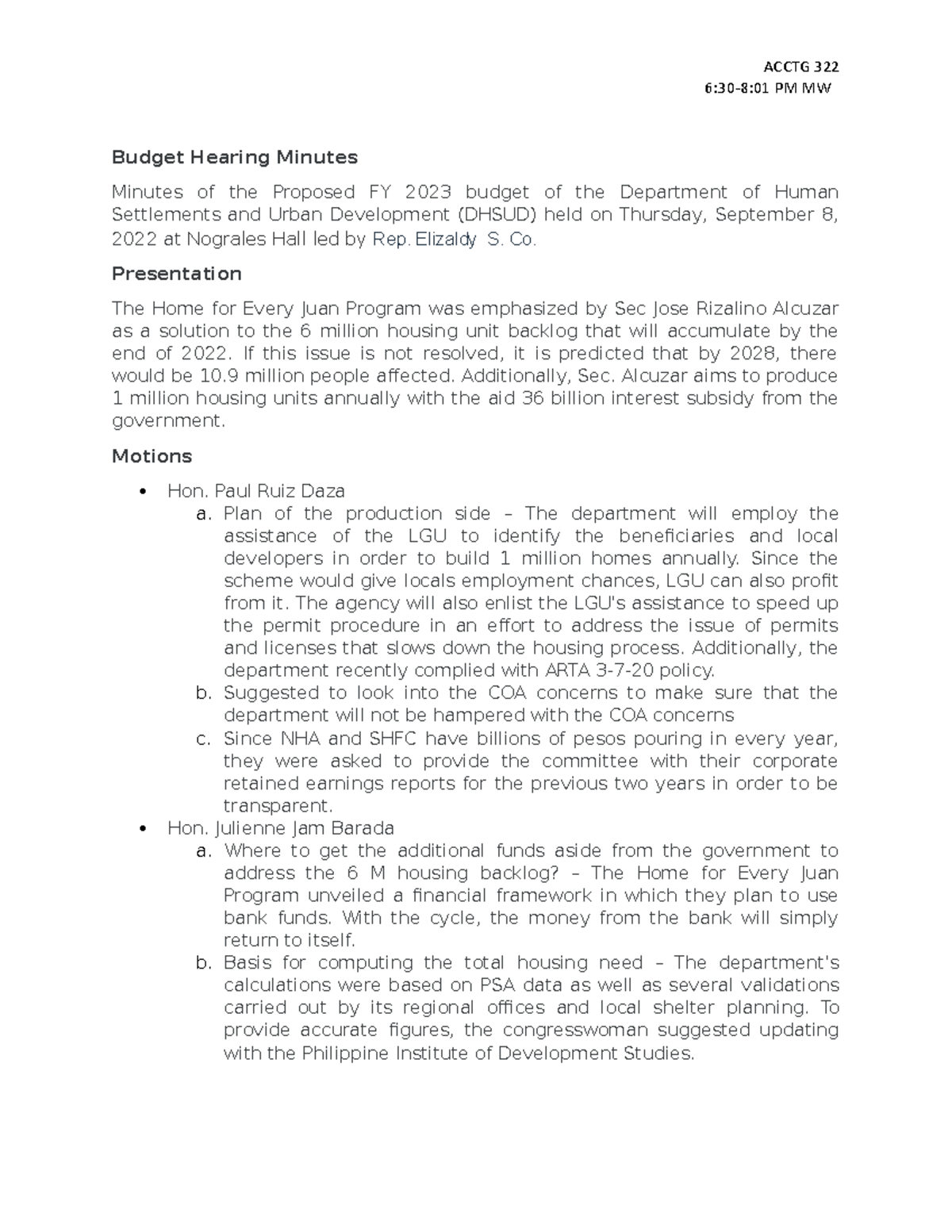 Budget Hearing Minutes - ACCTG 322 6:30-8:01 PM MW Budget Hearing ...