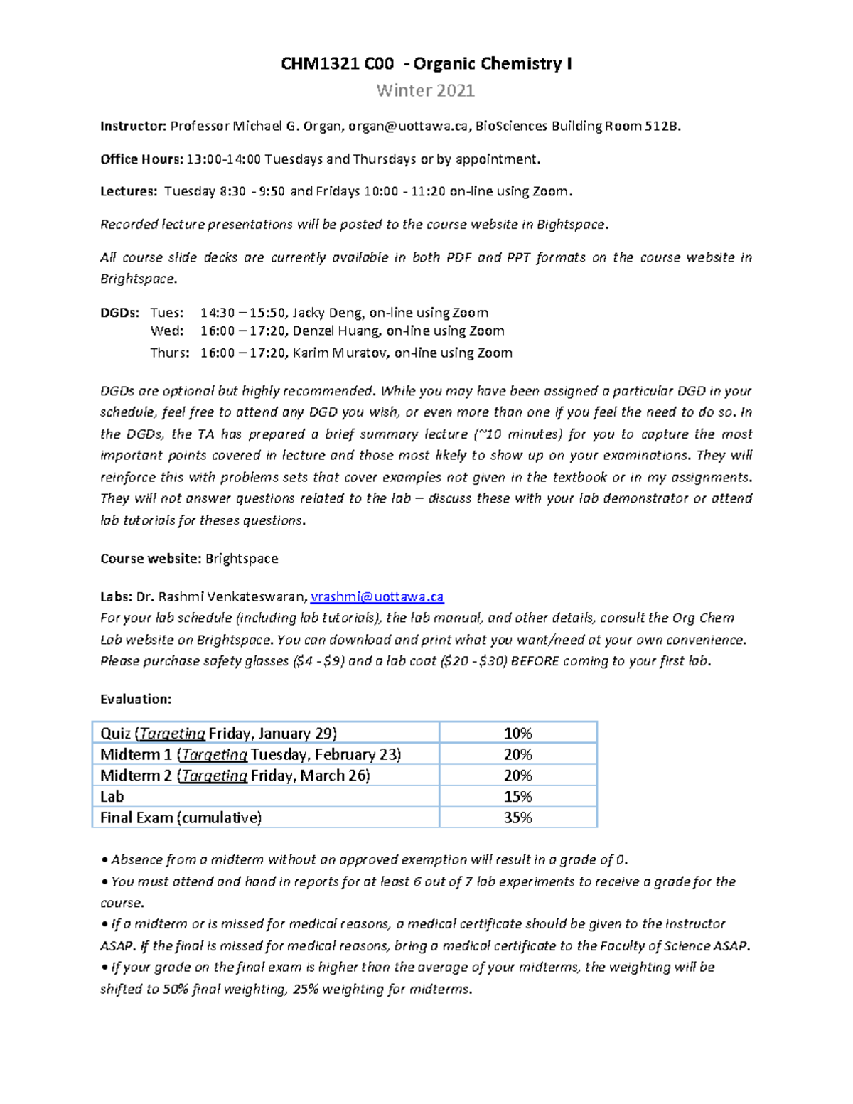 Syllabus, Organic Chemistry I, CHM-1321-C, Winter 2021 - CHM1321 C00 ...