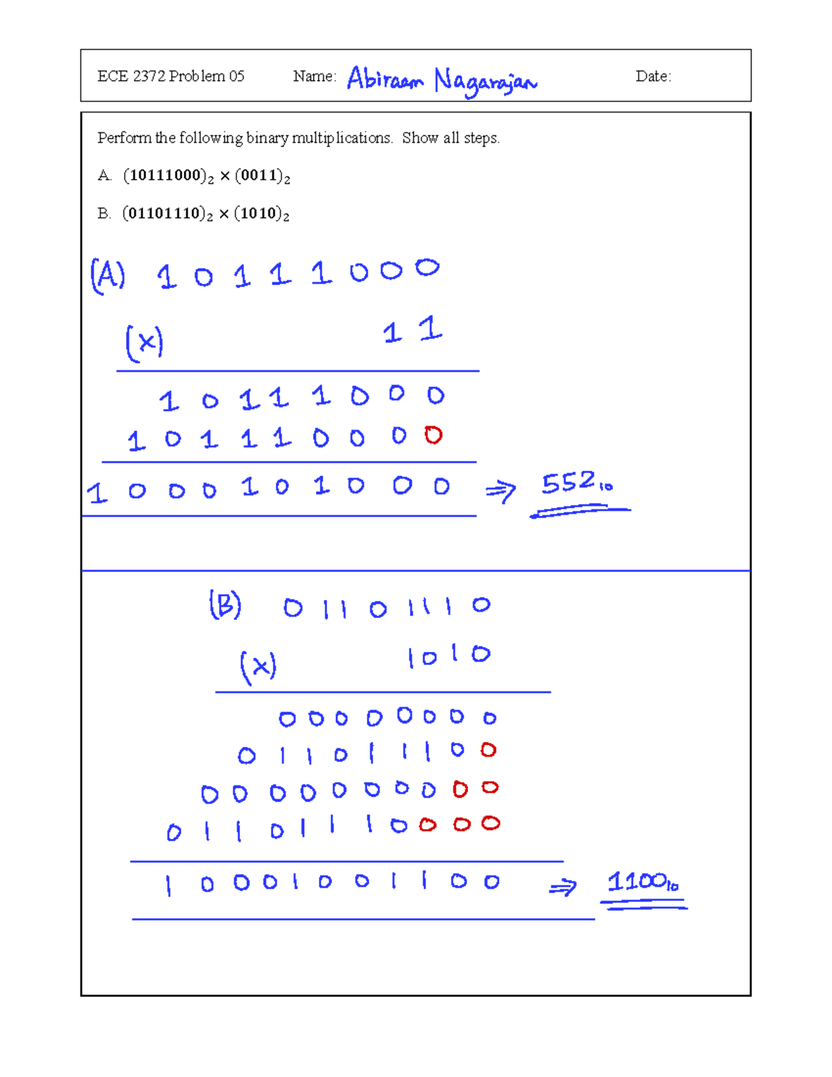 Ece 2372 Problem Binary Multiplications Ece 2372 Problem 05 Name Date Perform The