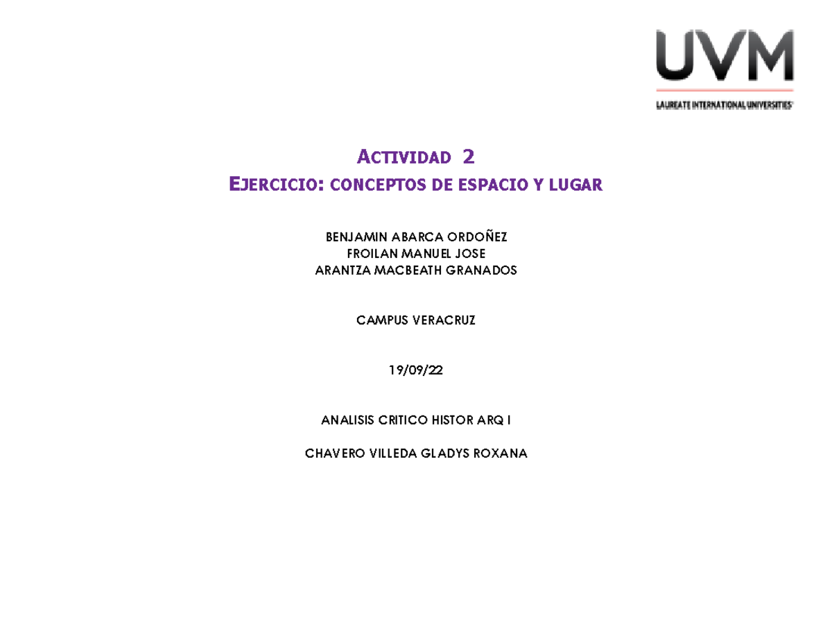 ACT2. BAO Analisis Critico - ACTIVIDAD 2 EJERCICIO: CONCEPTOS DE ESPACIO Y LUGAR BENJAMIN ABARCA ...