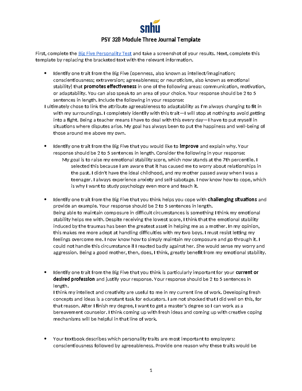 PSY 328 Module Three Journal - Next, complete this template by ...