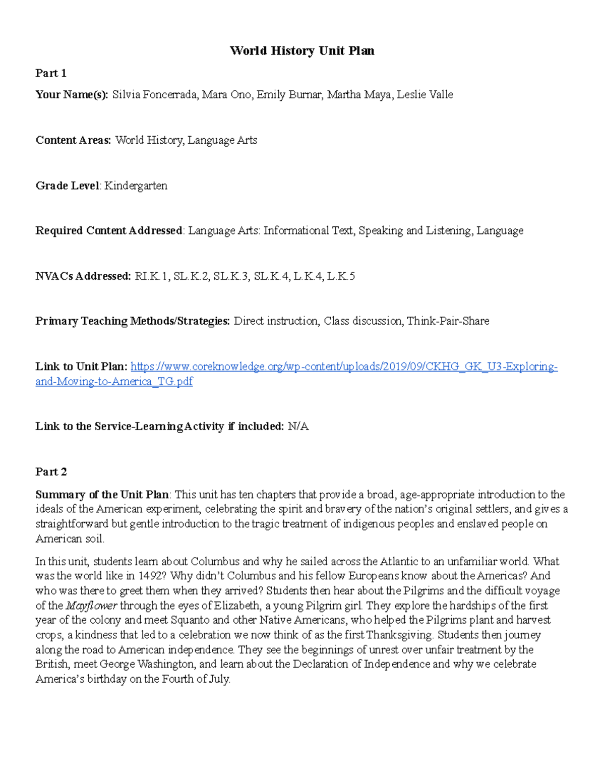 World History Unit Plan - K, SL.K, SL.K, SL.K, L.K, L. Primary Teaching ...