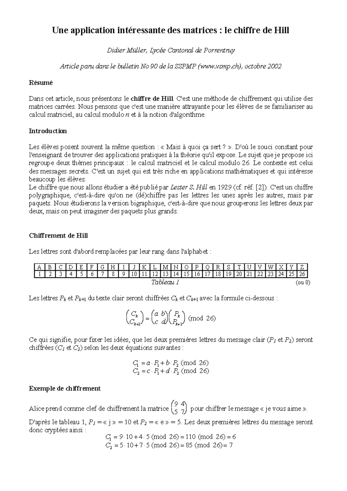 Hill - Bnnn - Une application intéressante des matrices : le chiffre de ...