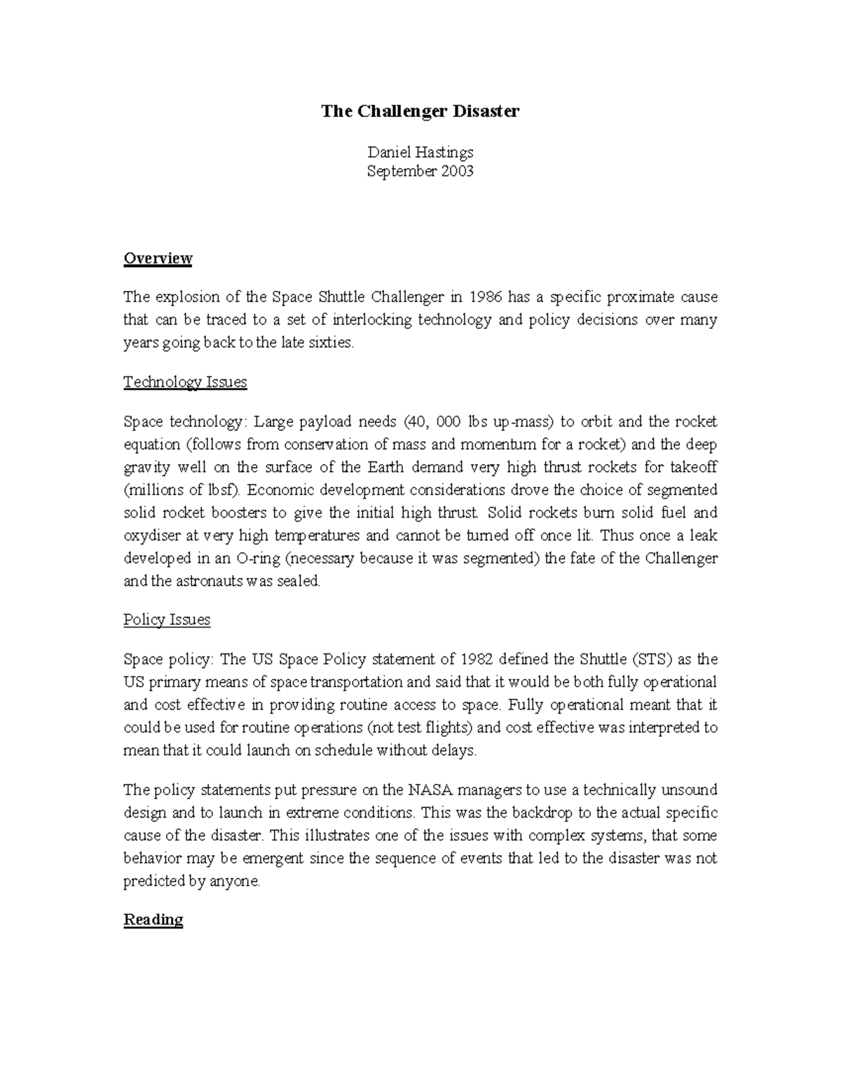 The Challenger Disaster - The Challenger Disaster Daniel Hastings ...