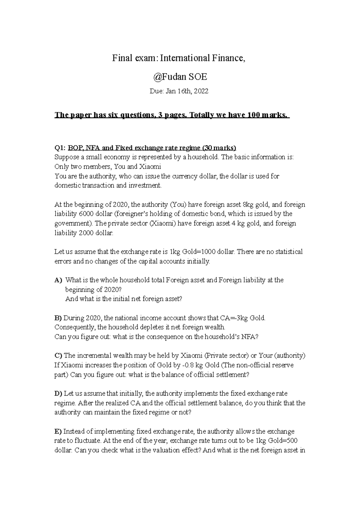 Final exam 2021winter - Final exam: International Finance, @Fudan SOE ...