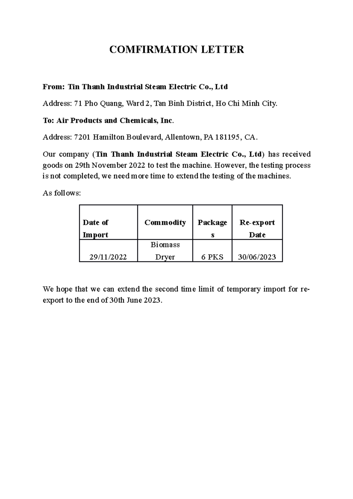 Confirmation letter - ádasdasdasdas - COMFIRMATION LETTER From: Tin ...