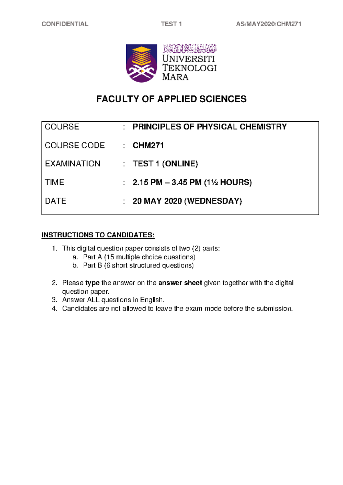 CHM271 TEST 1 ( Semester 20202 UITM Tapah) - FACULTY OF APPLIED ...