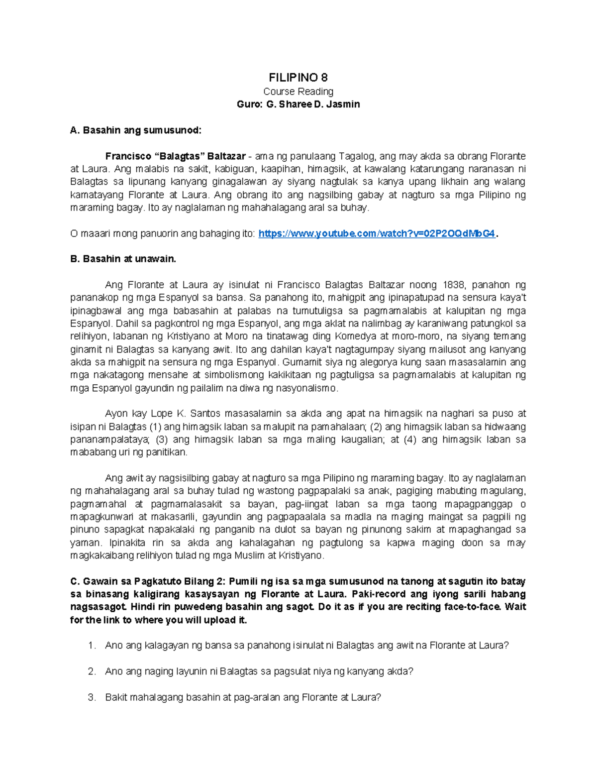 Filipino-8- Homework - cascsacsa - FILIPINO 8 Course Reading Guro: G ...