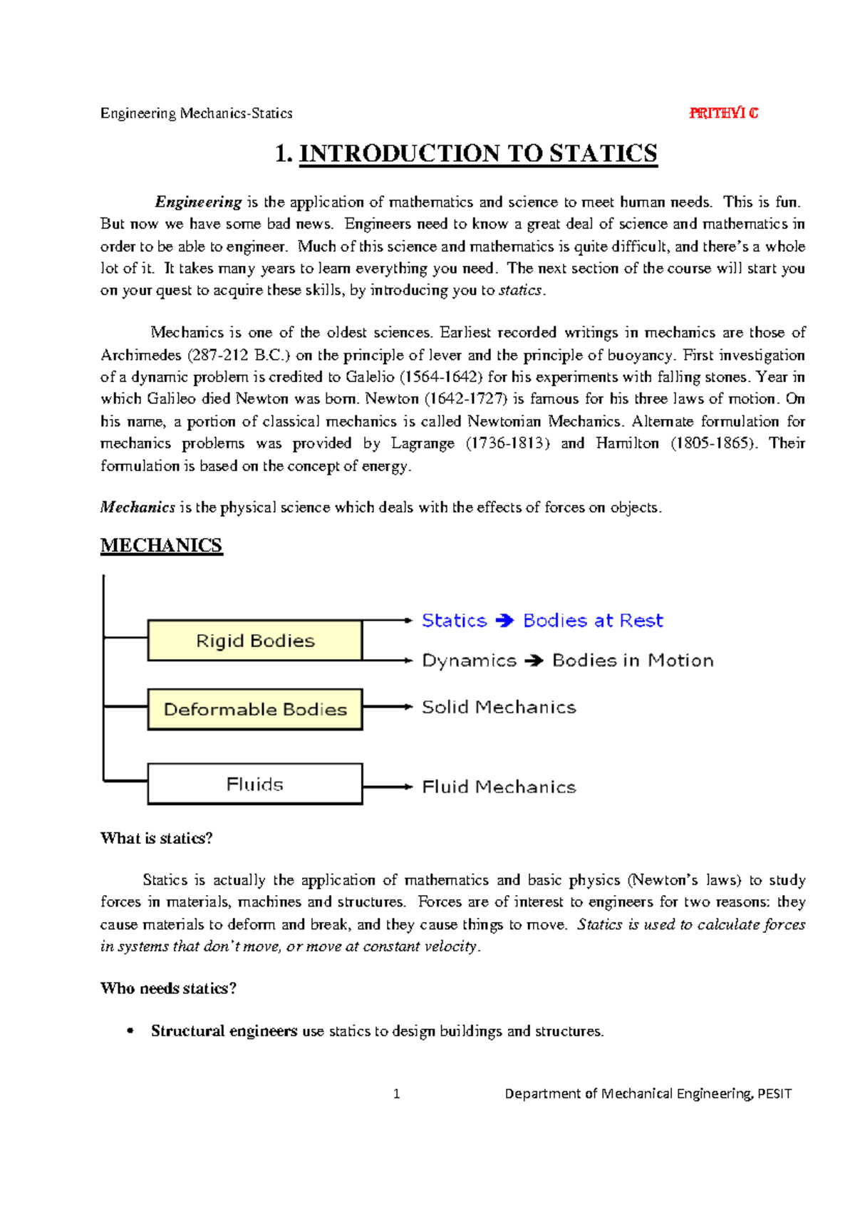 Statics 2 - PRITHVI C Engineering Mechanics-Statics 1. INTRODUCTION TO ...
