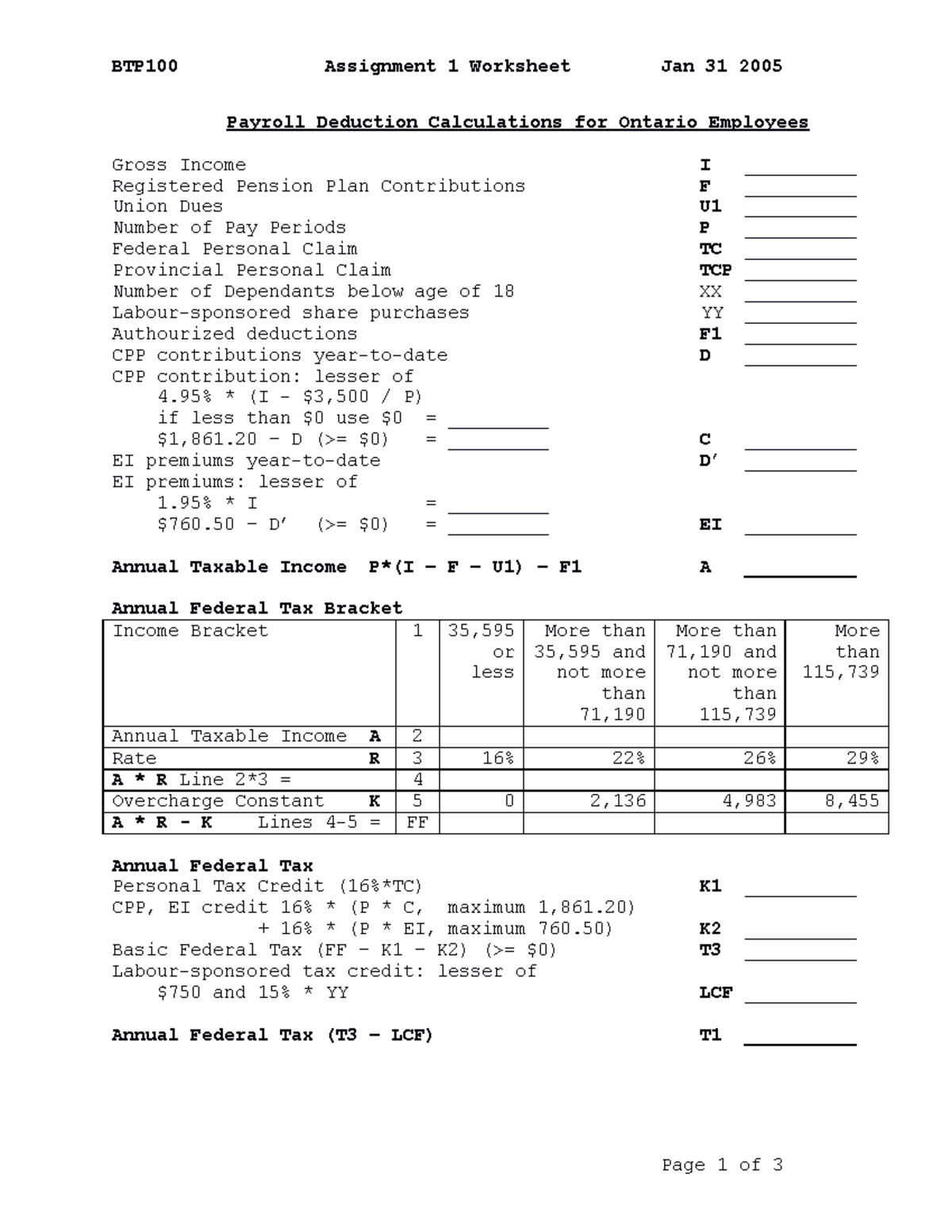 A1-work - DWASD - BTP100 Assignment 1 Worksheet Jan 31 2005 Payroll ...