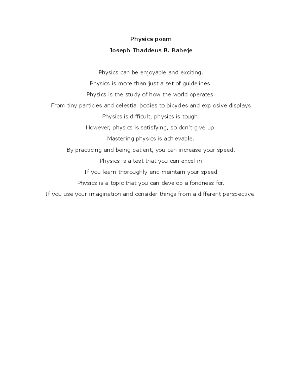 Joseph thaddeus b rabeje, physics poem - Physics poem Joseph Thaddeus B ...
