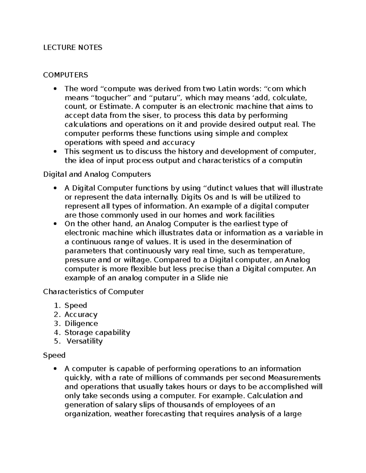 Summary 4 - notes - LECTURE NOTES COMPUTERS The word “compute was ...