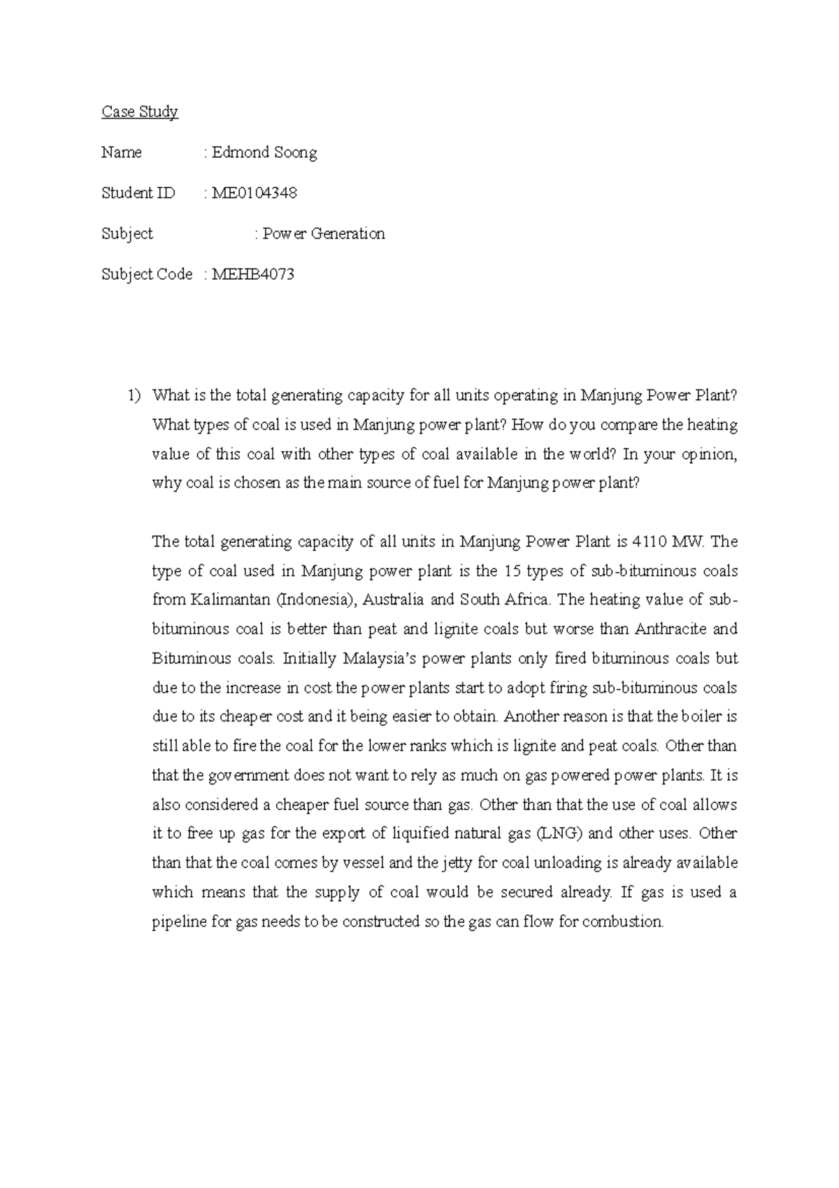 Case Study Power Gen - Power Generation - UNITEN - Studocu