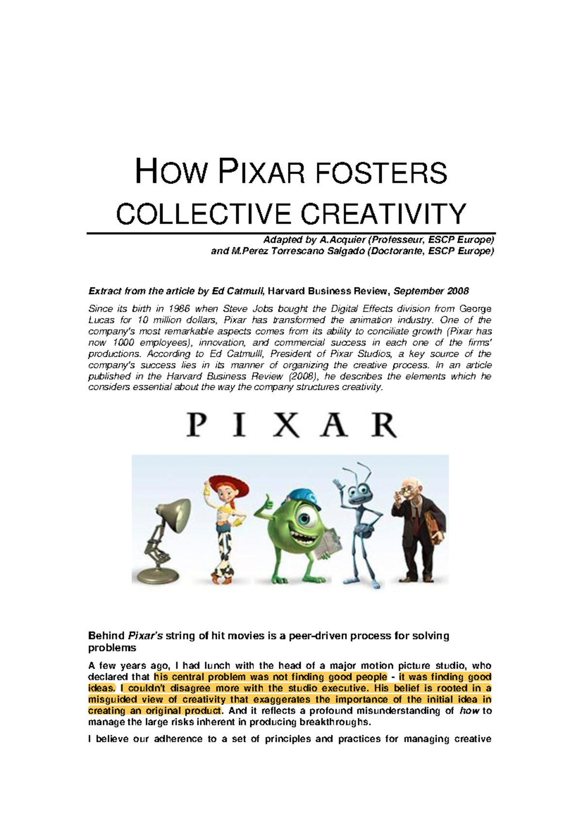 Pixar ENG - eajn - HOW PIXAR FOSTERS COLLECTIVE CREATIVITY Adapted by A ...