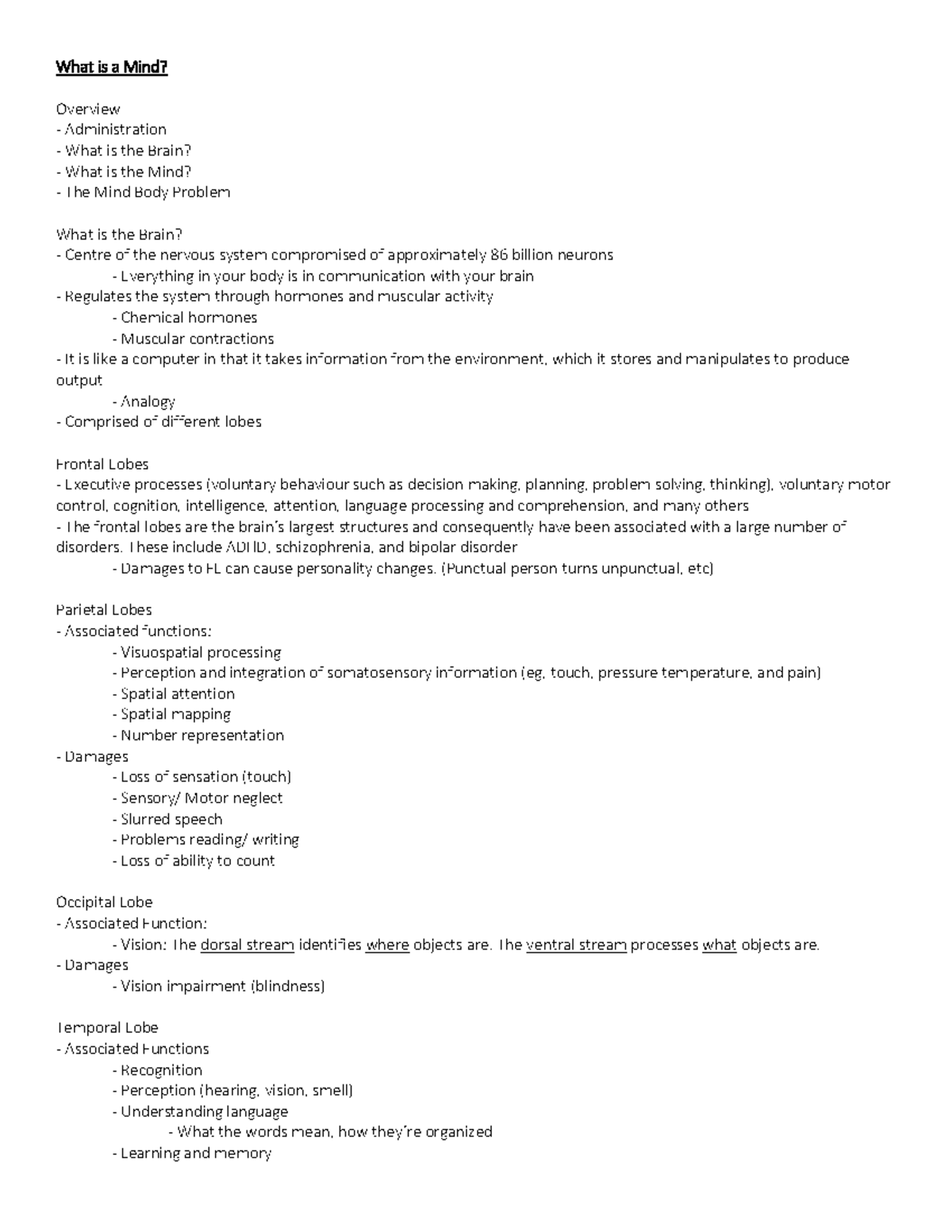 Mysteries of the Mind - Lecture notes - Lecture 1 - What is a Mind ...